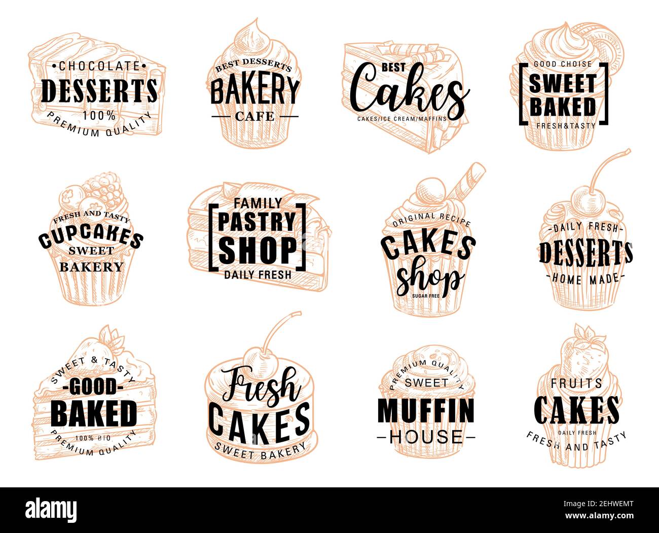 Pastry desserts and sweet cakes sketch lettering for patisserie or ...