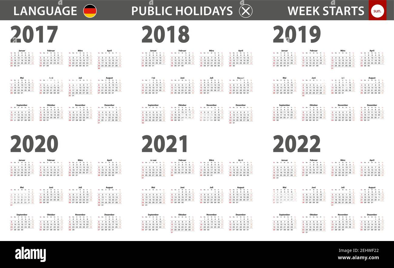 2017-2022 year calendar in German language, week starts from Sunday ...