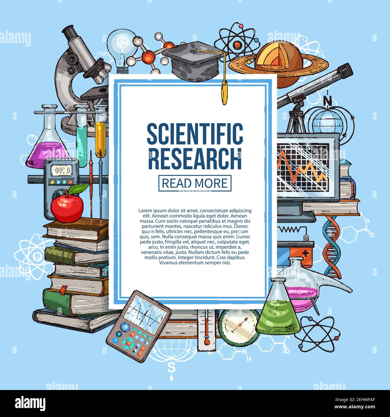 Science research, scientific and laboratory equipment vector sketch ...