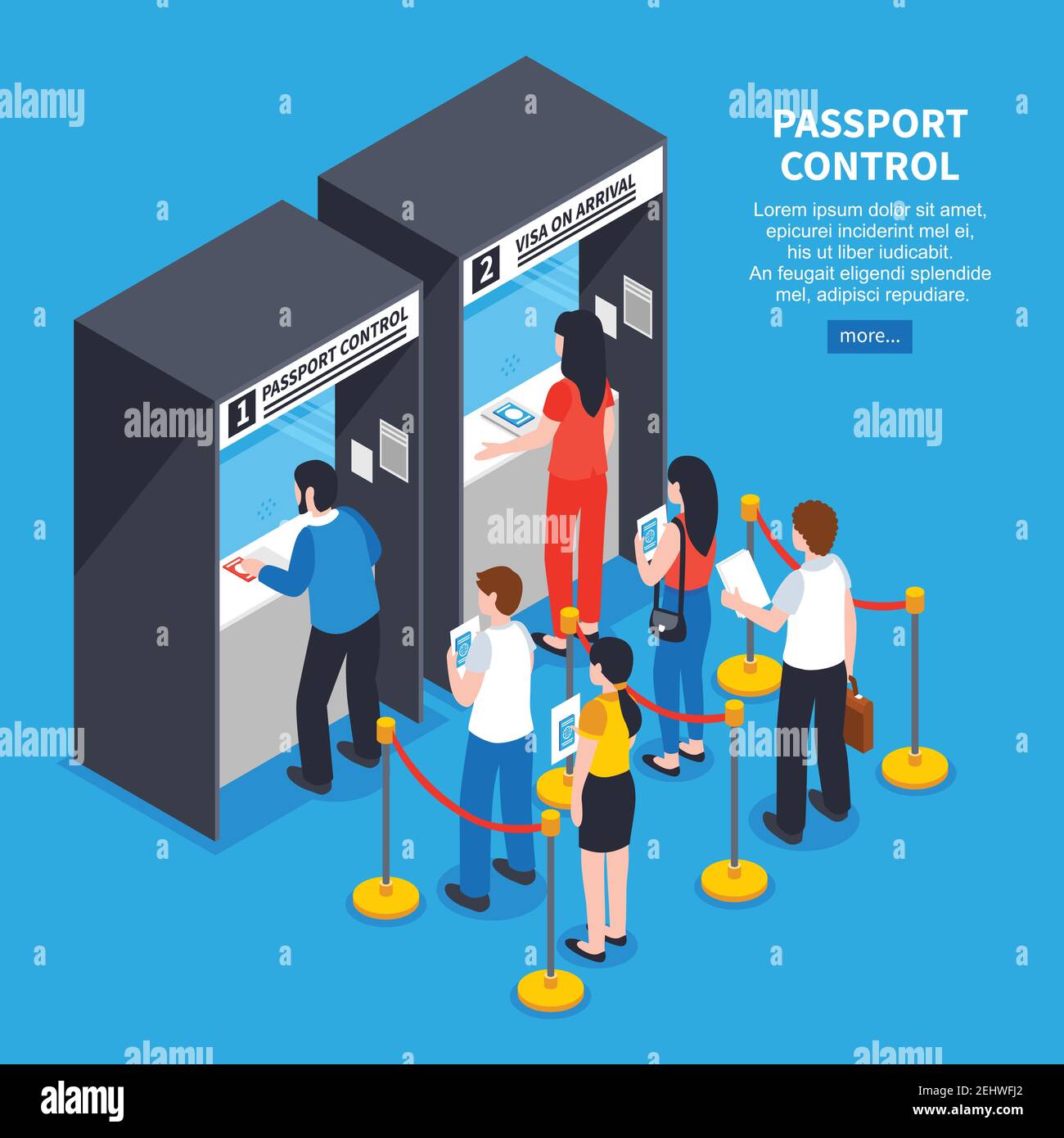 Visa center interior with applicants queue and documents isometric ...