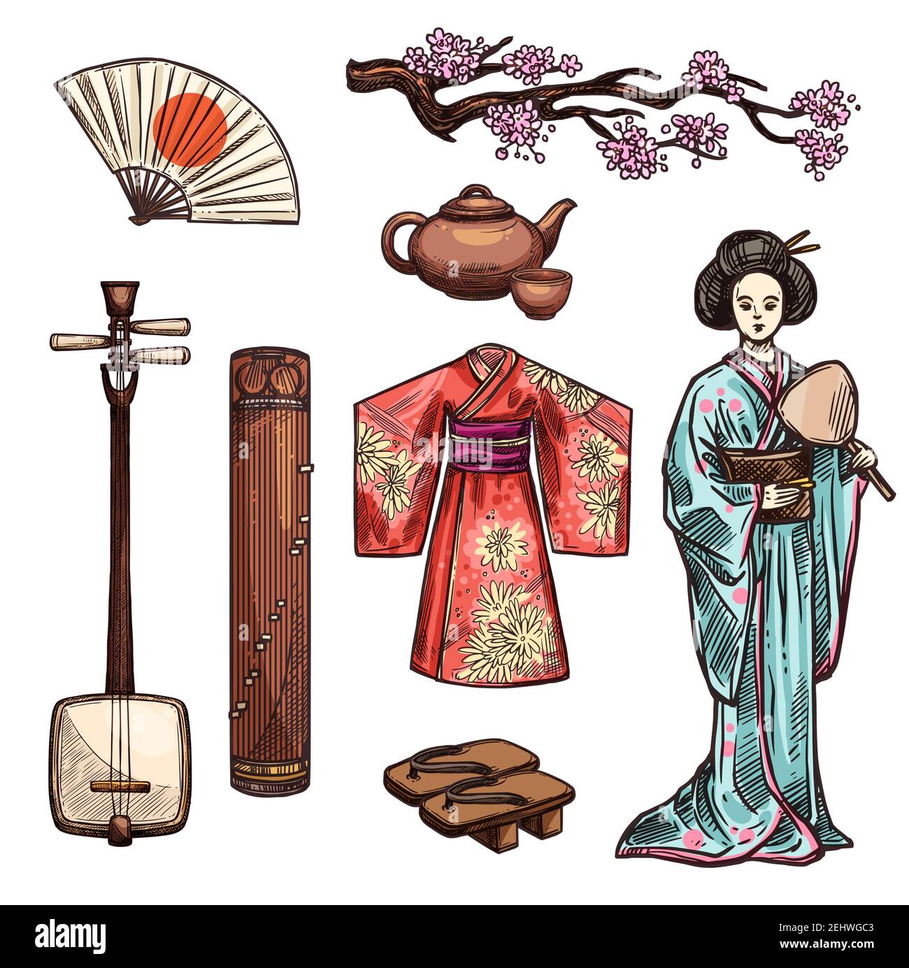 Japanese symbols with asian culture and art icons. Sakura flowers ...