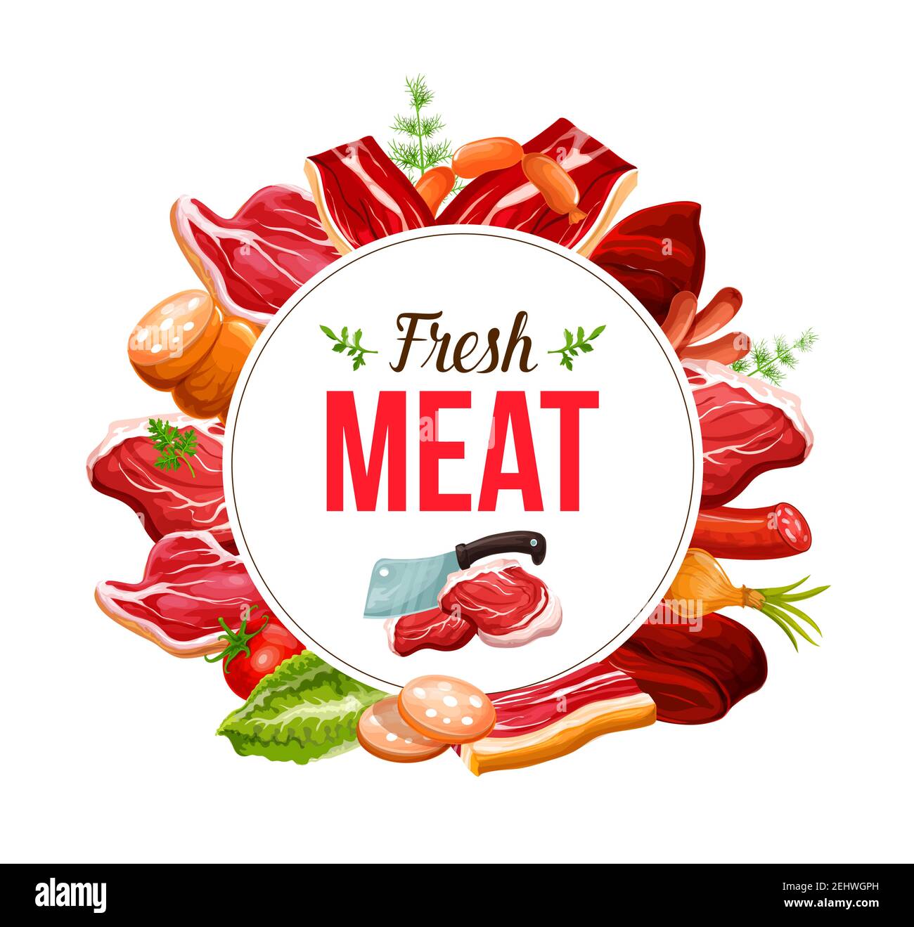 Fresh meat poster for butchery shop. Beef steak and pork chops, ham and ...