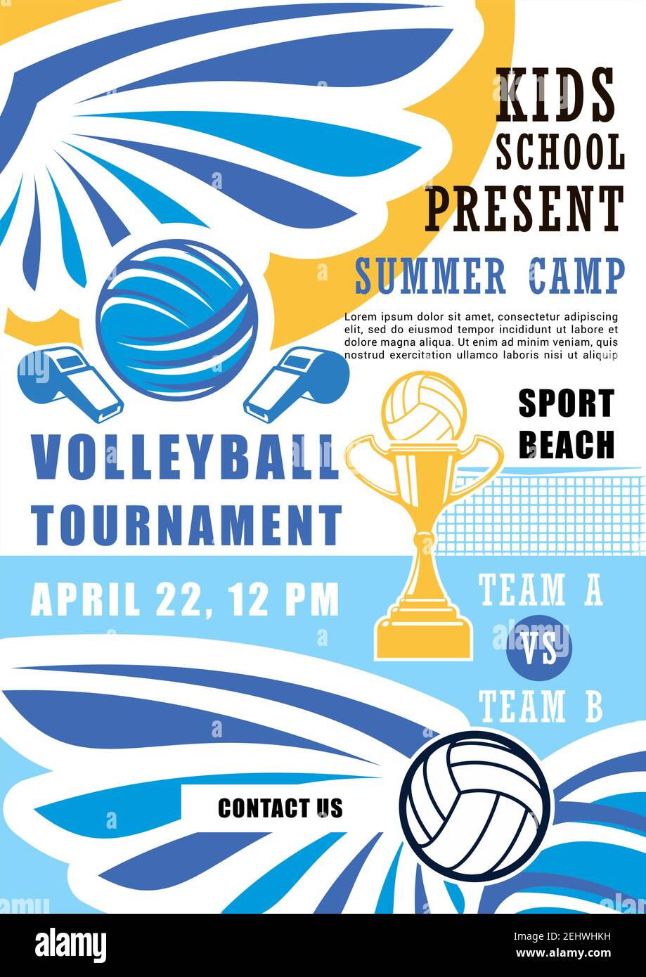 Volleyball sport poster for school summer camp tournament. Ball and ...