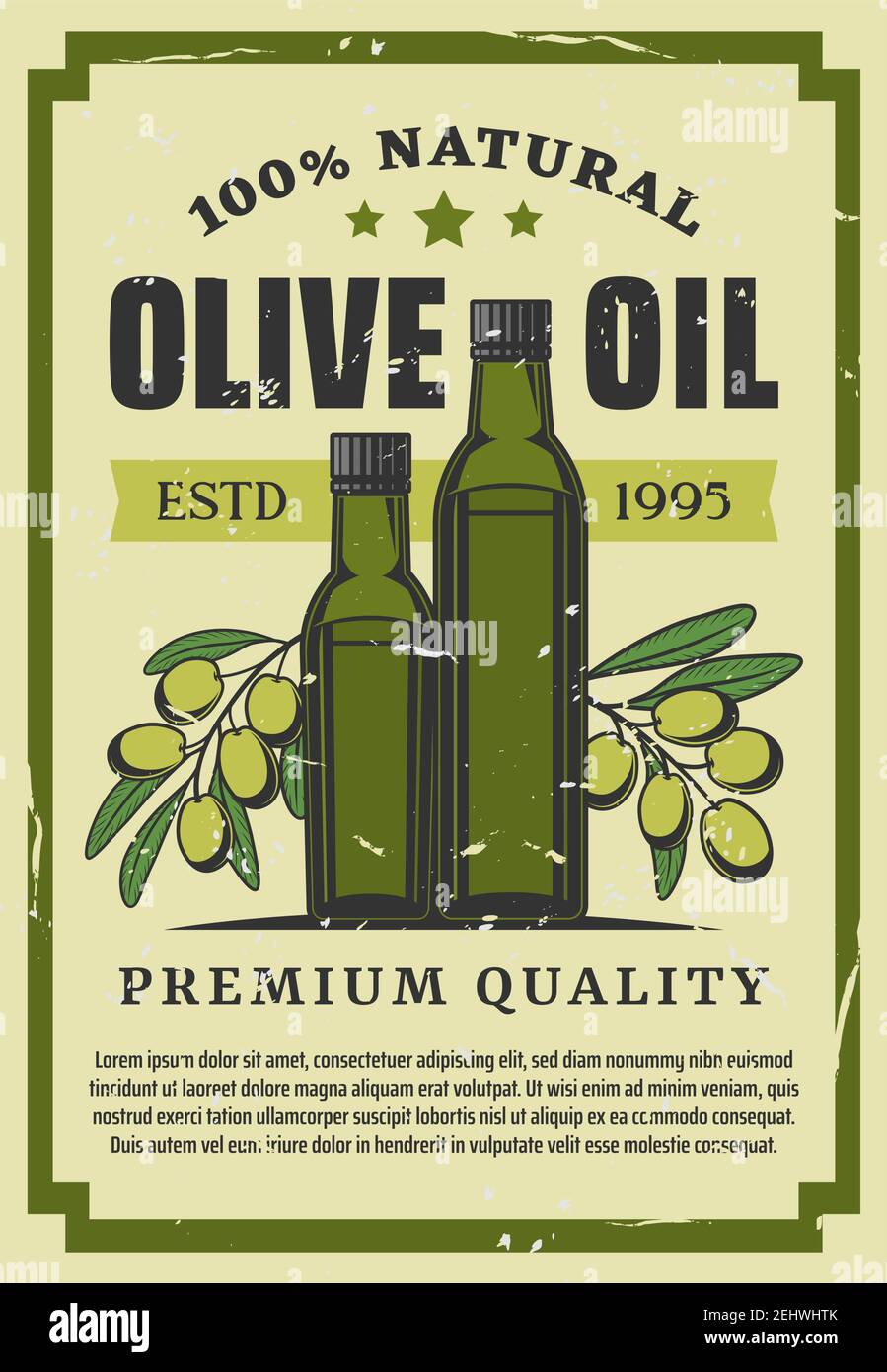 Vegetable oil of olives in bottle retro poster. Seasoning for cooking ...