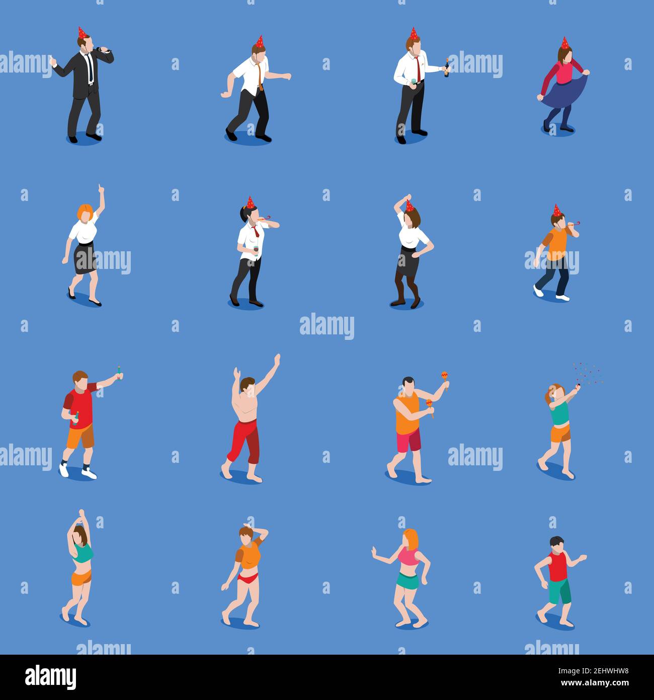 Set of isometric icons on blue background with singing and dancing ...