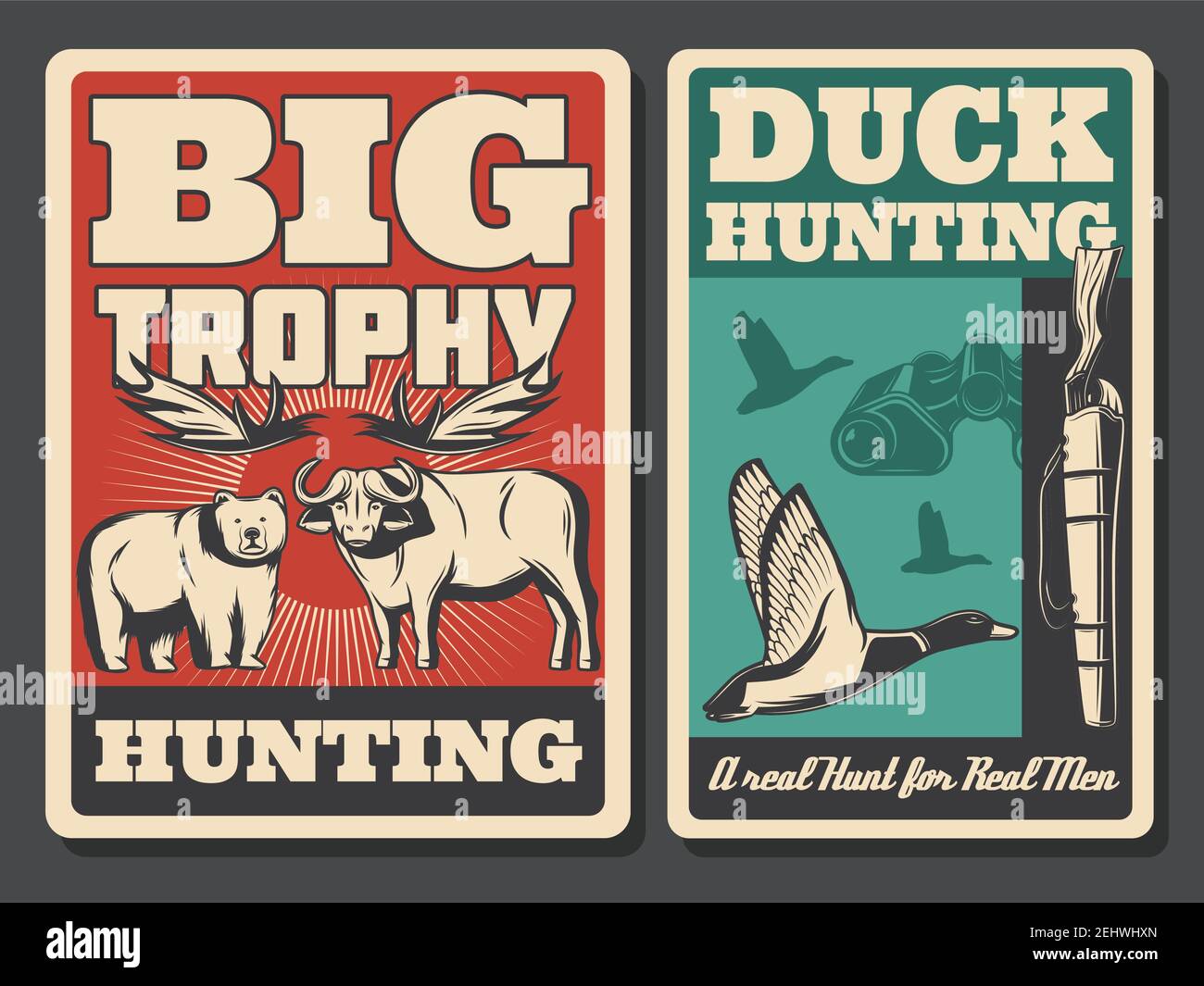 Wild animal and bird hunting sport retro posters. Ducks, bear and ...