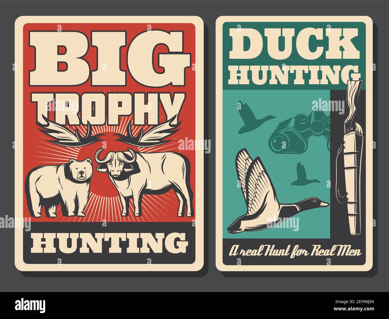 Wild animal and bird hunting sport retro posters. Ducks, bear and ...