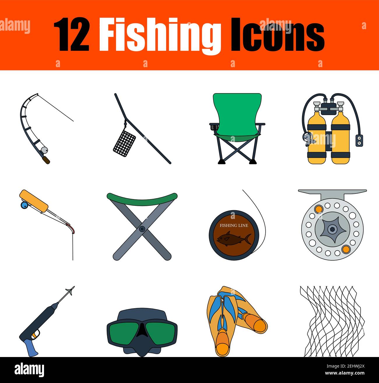 Fishing Icon Set. Flat Color Outline Design With Editable Stroke ...