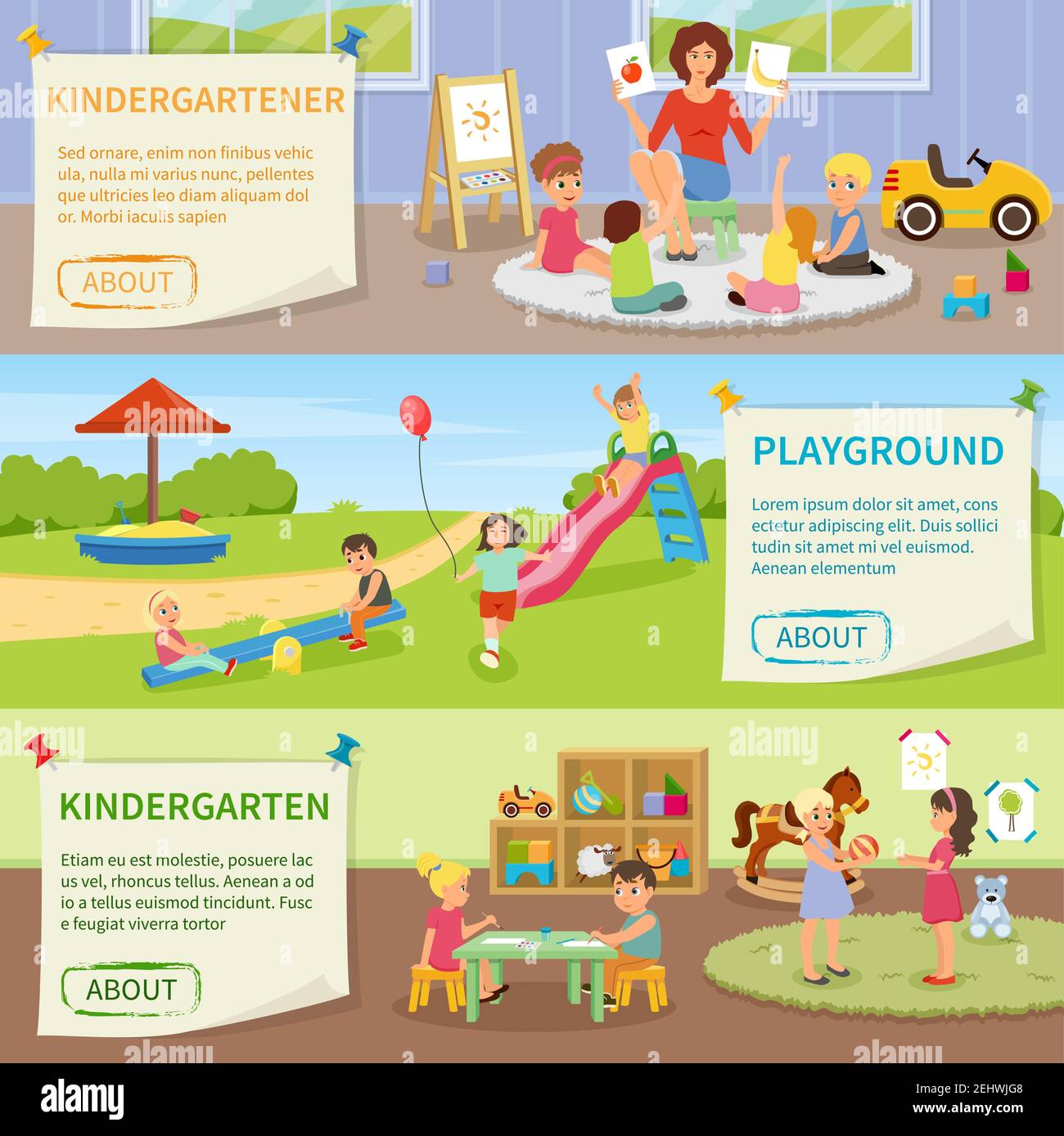Set of flat horizontal banners with kindergarten including teacher with ...