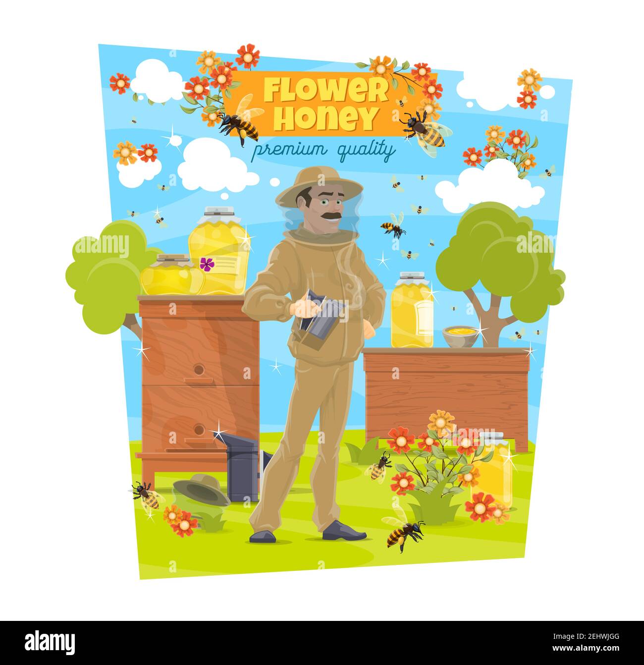 Flower honey beekeeping and beekeeper at beehives, agriculture. Vector ...