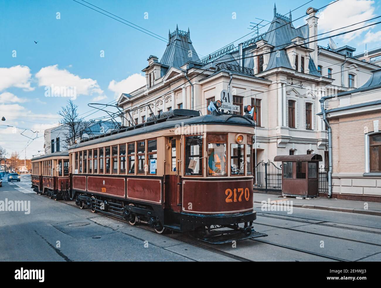 Vintage tram on the street in the historical city center. Moscow tram ...