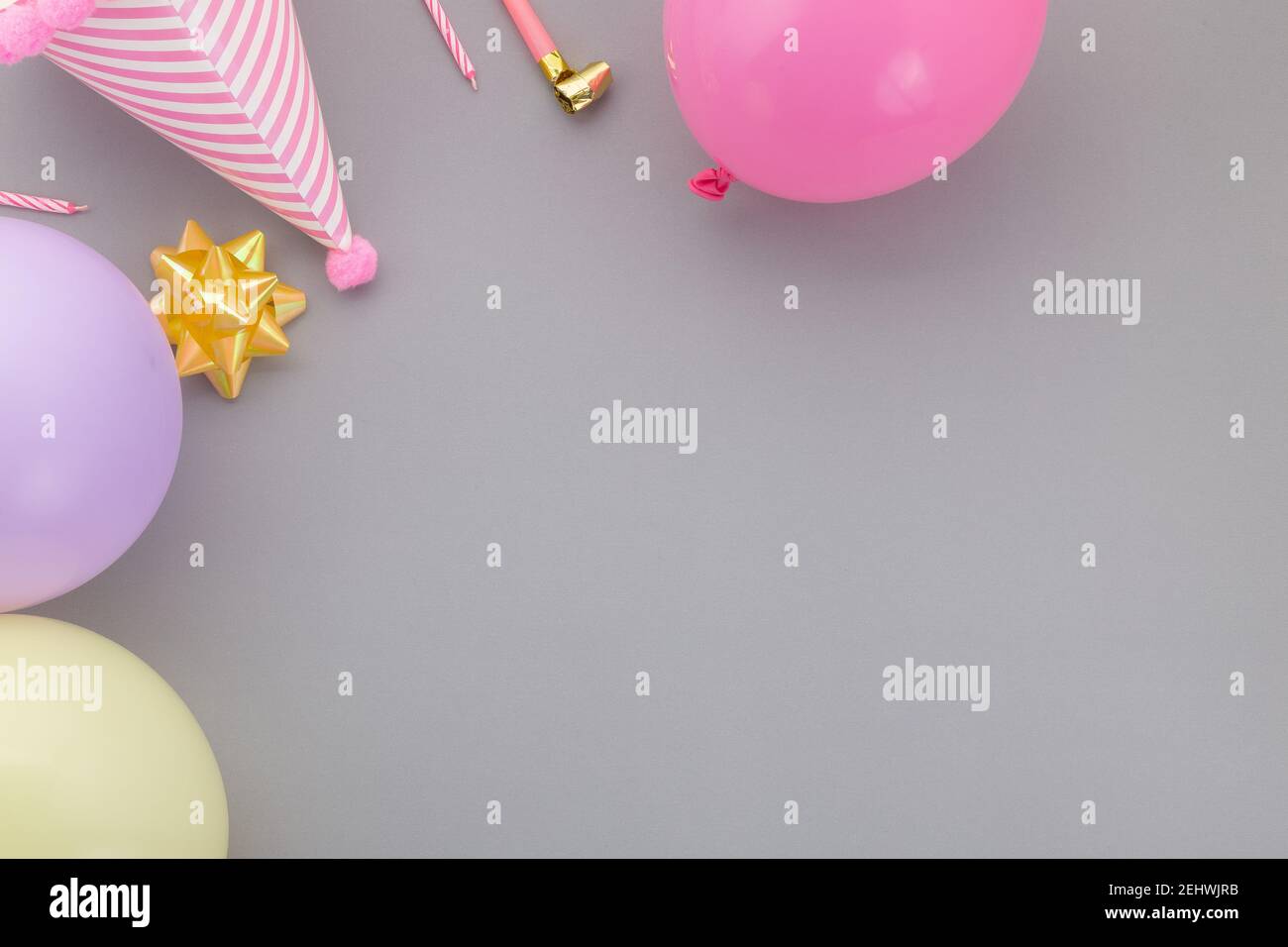 Happy birthday background, Flat lay colorful party decoration on pastel ...