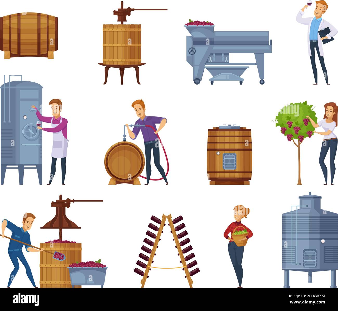 Winery production process cartoon icons set with grape harvesting crushing pressing fermenting ...