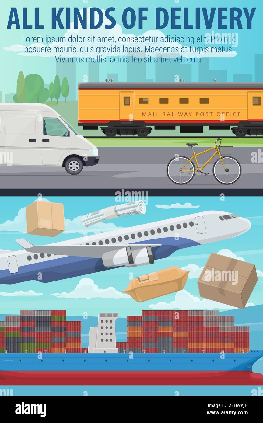 Post mail delivery office, postage logistics. Vector airplane and train ...