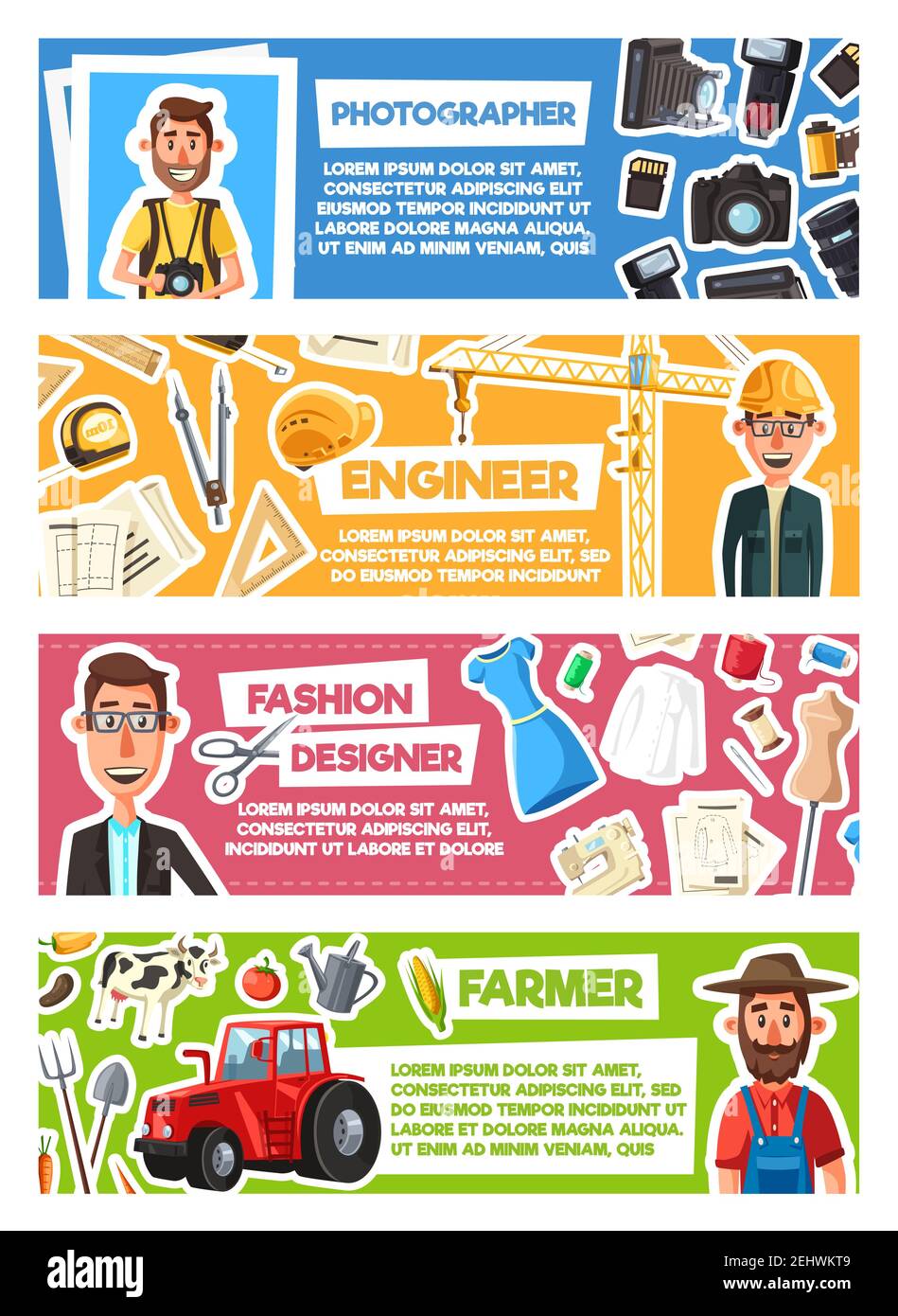 Farmer, photographer or engineer and fashion designer professions ...