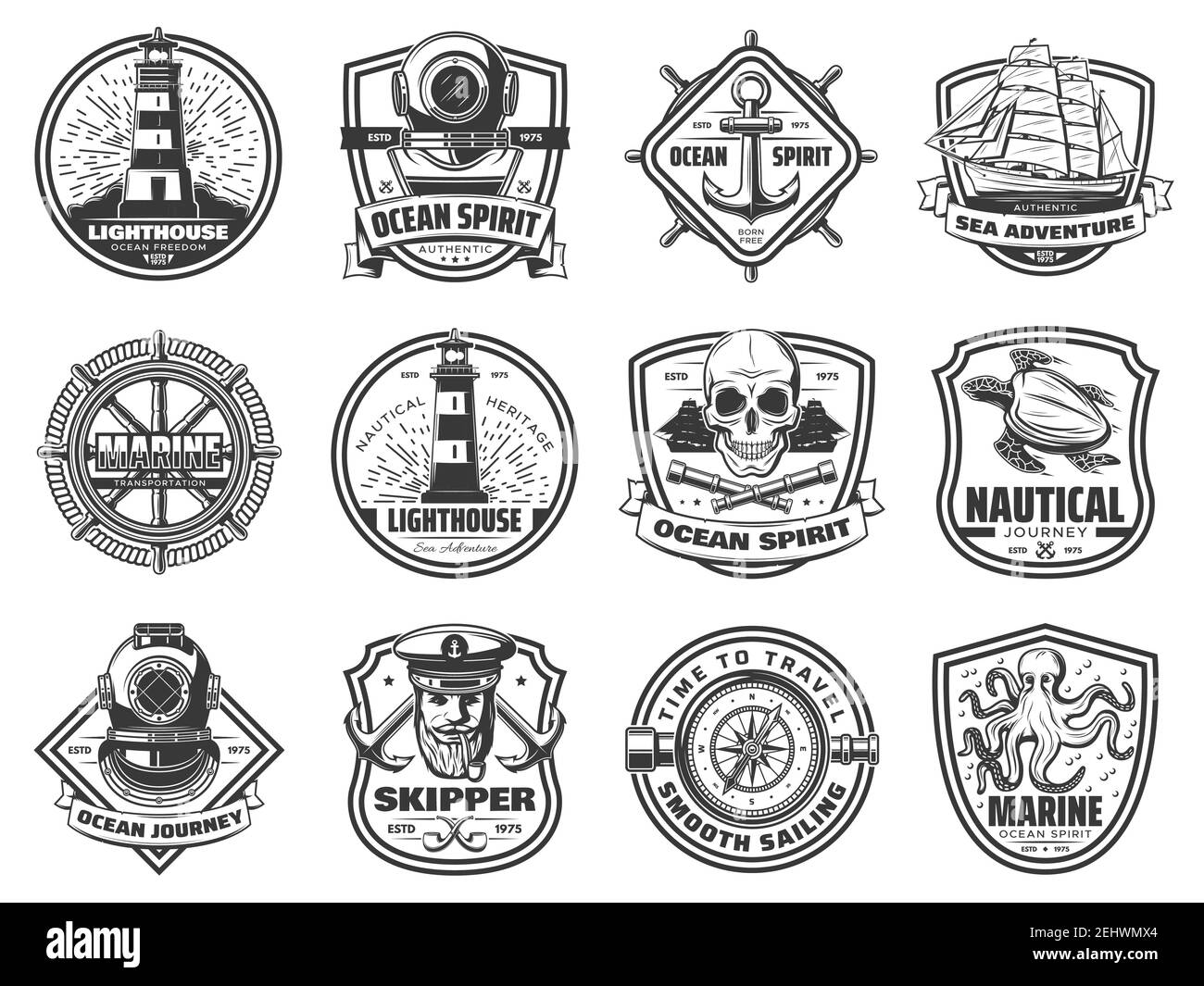 Nautical badges with sea anchor, ship and helm. Vintage sailing boat ...