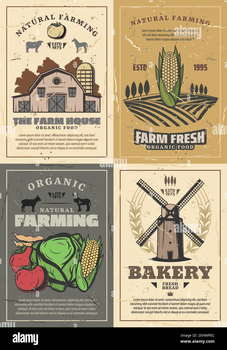 Farming and agriculture vintage posters of organic food, natural fruits ...