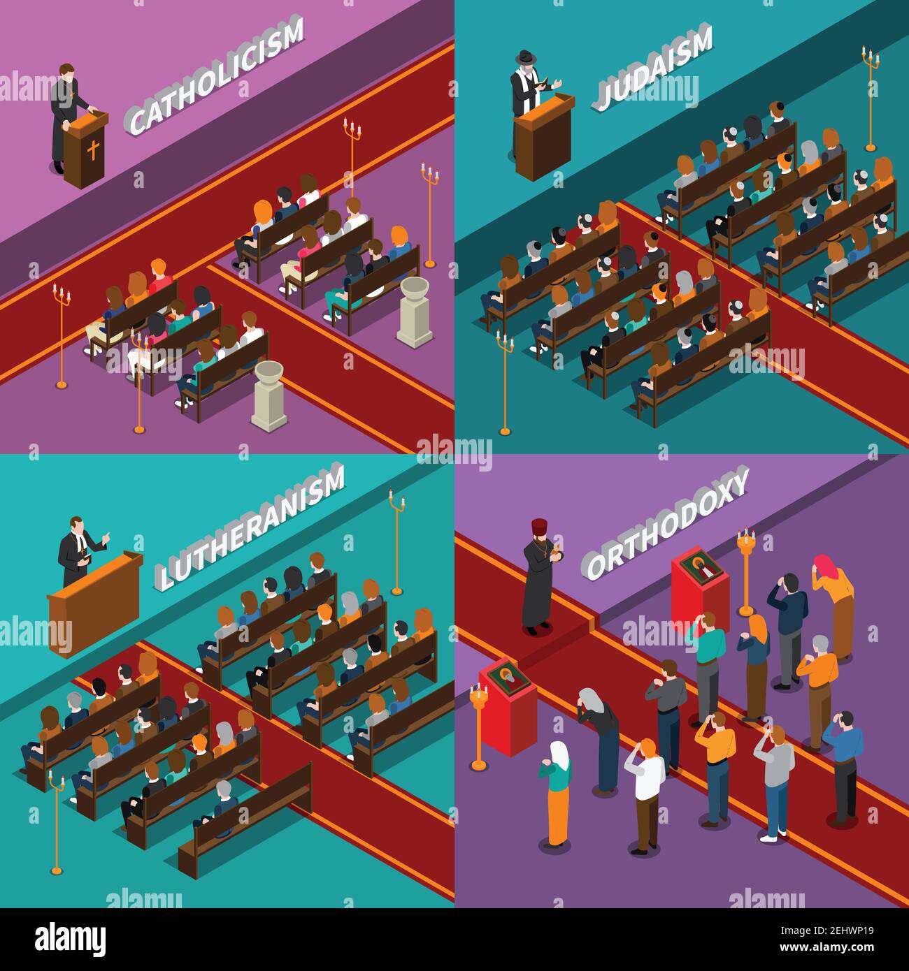 Religion leaders and people believers isometric design concept ...