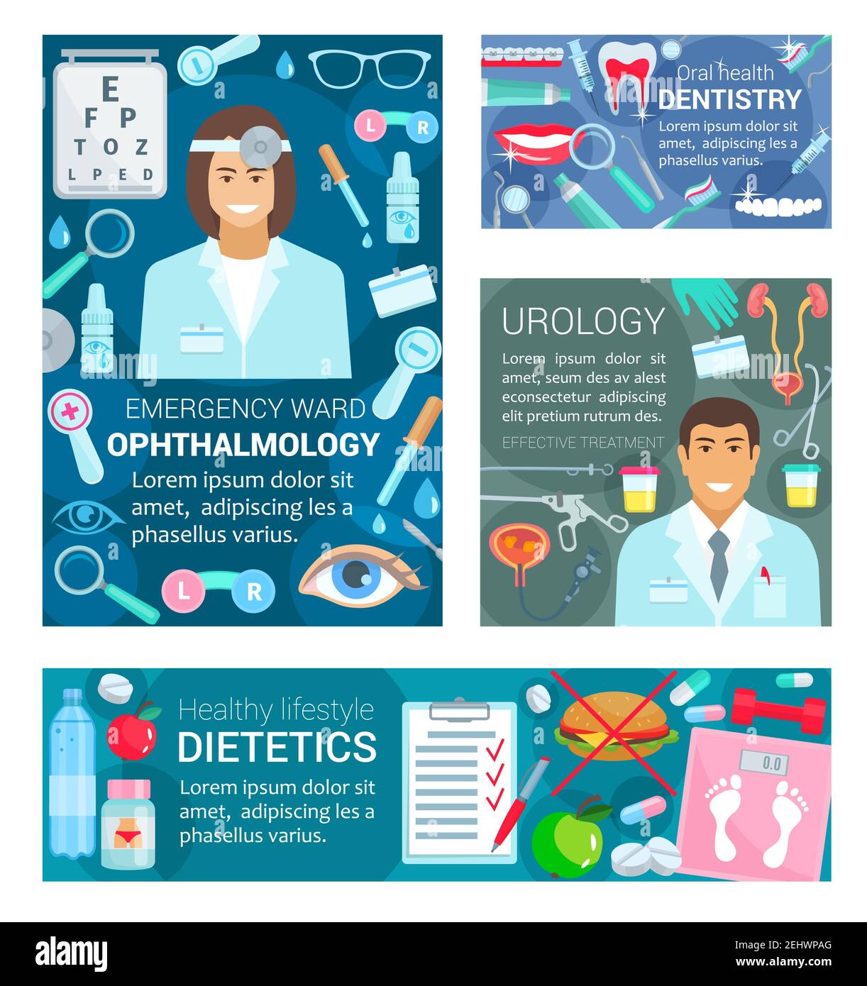 Doctors of dentistry, urology, ophthalmology and dietetics medicine ...
