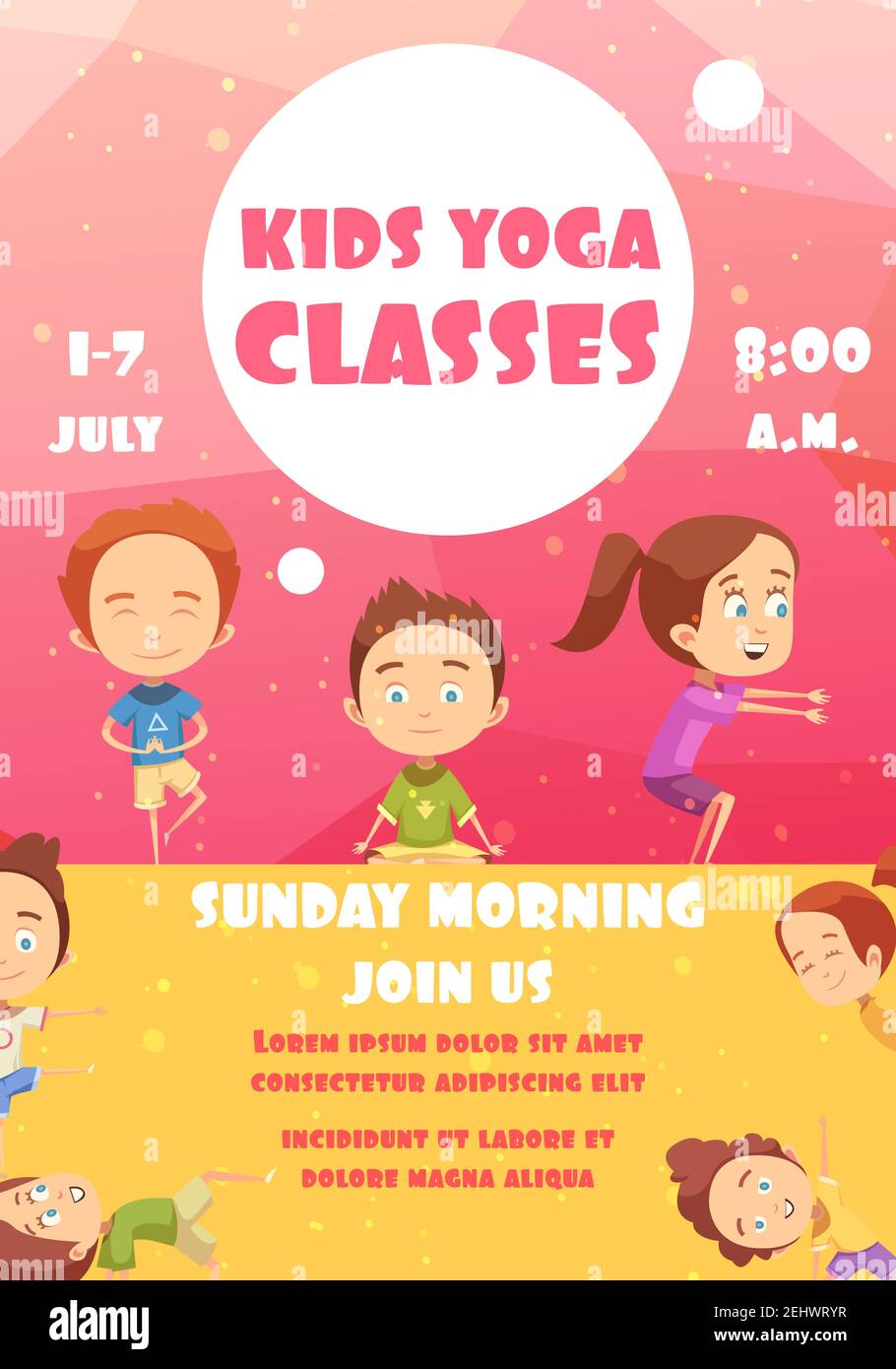 Kids yoga classes poster with advertising of training programs date and ...