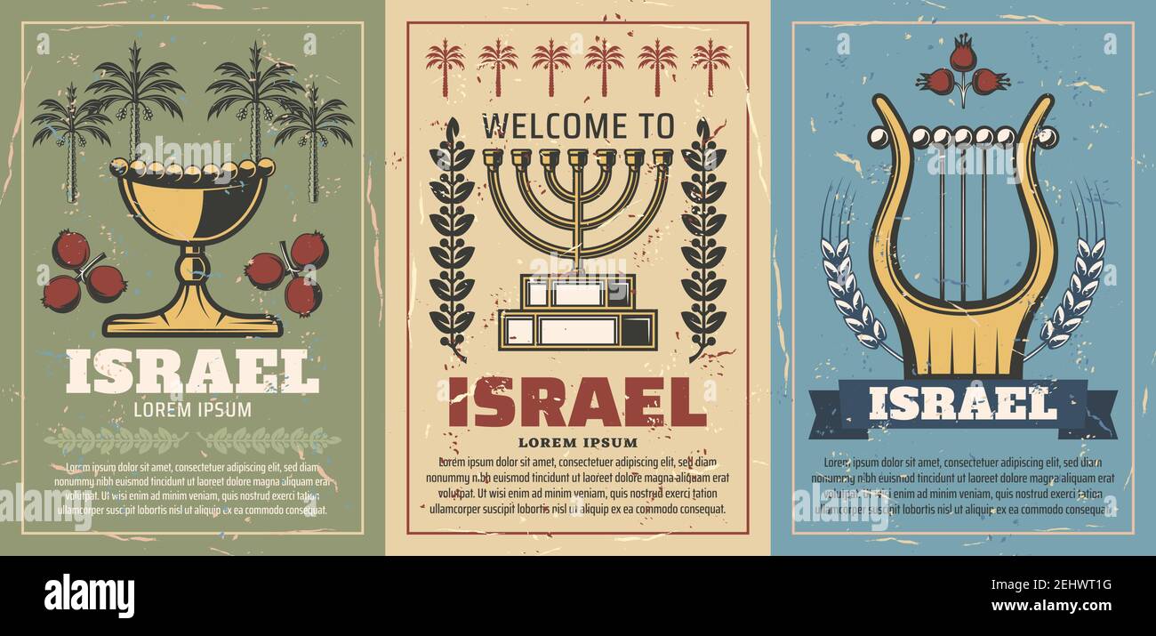 Welcome to Israel retro posters with gold goblet and pomegranate ...