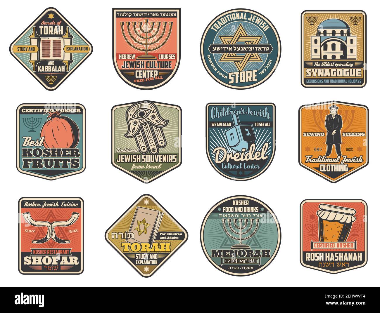 Judaism religion and Jewish culture retro icons or symbols. Torah and ...