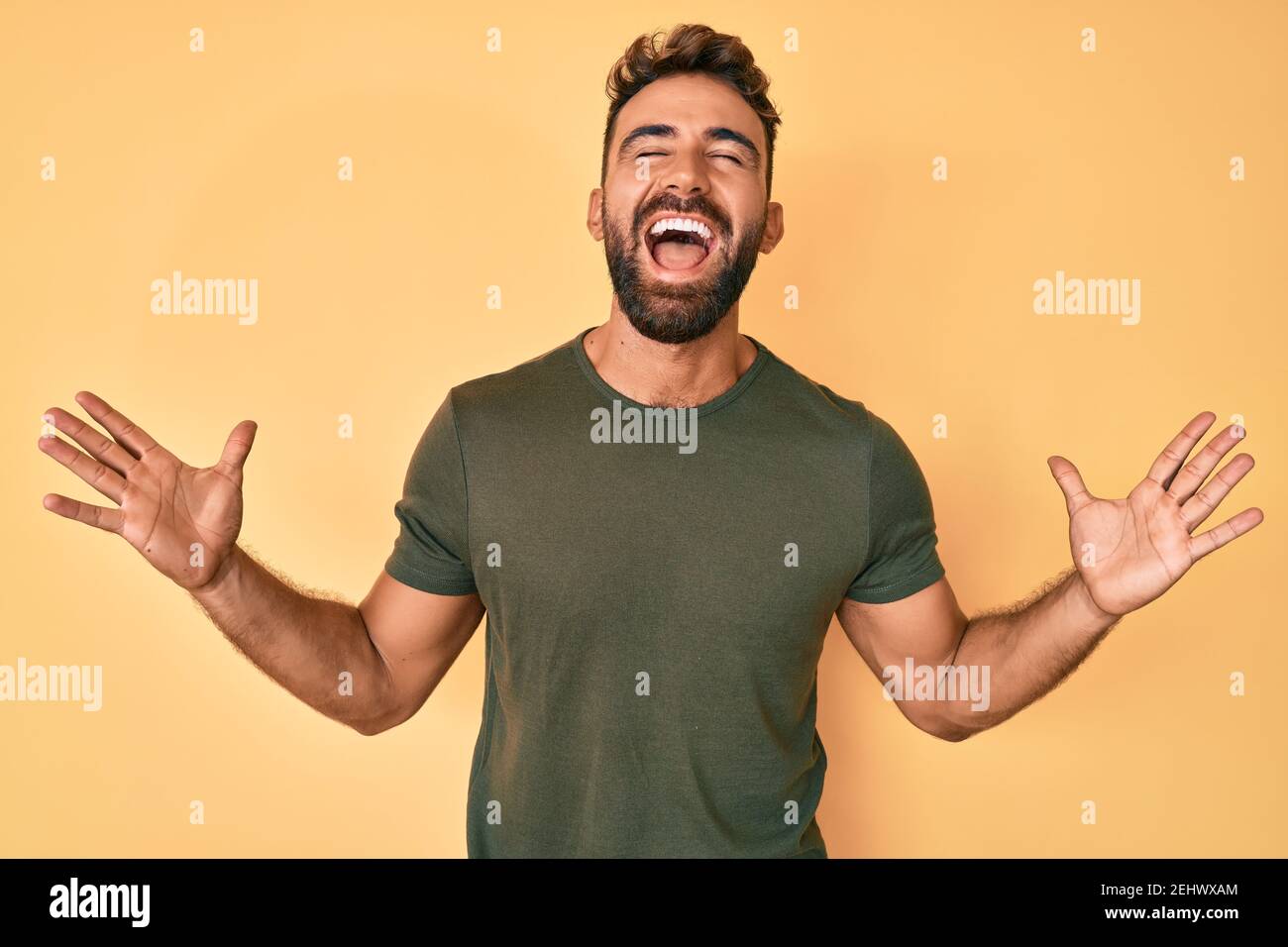 Young hispanic man wearing casual clothes celebrating mad and crazy for ...