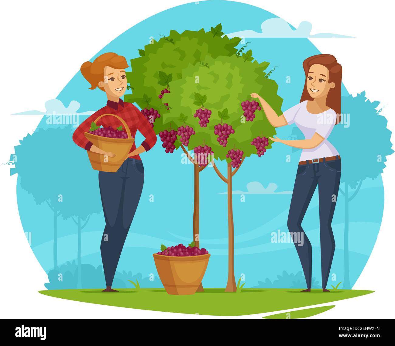 Winery production cartoon composition with two female farmers with ...