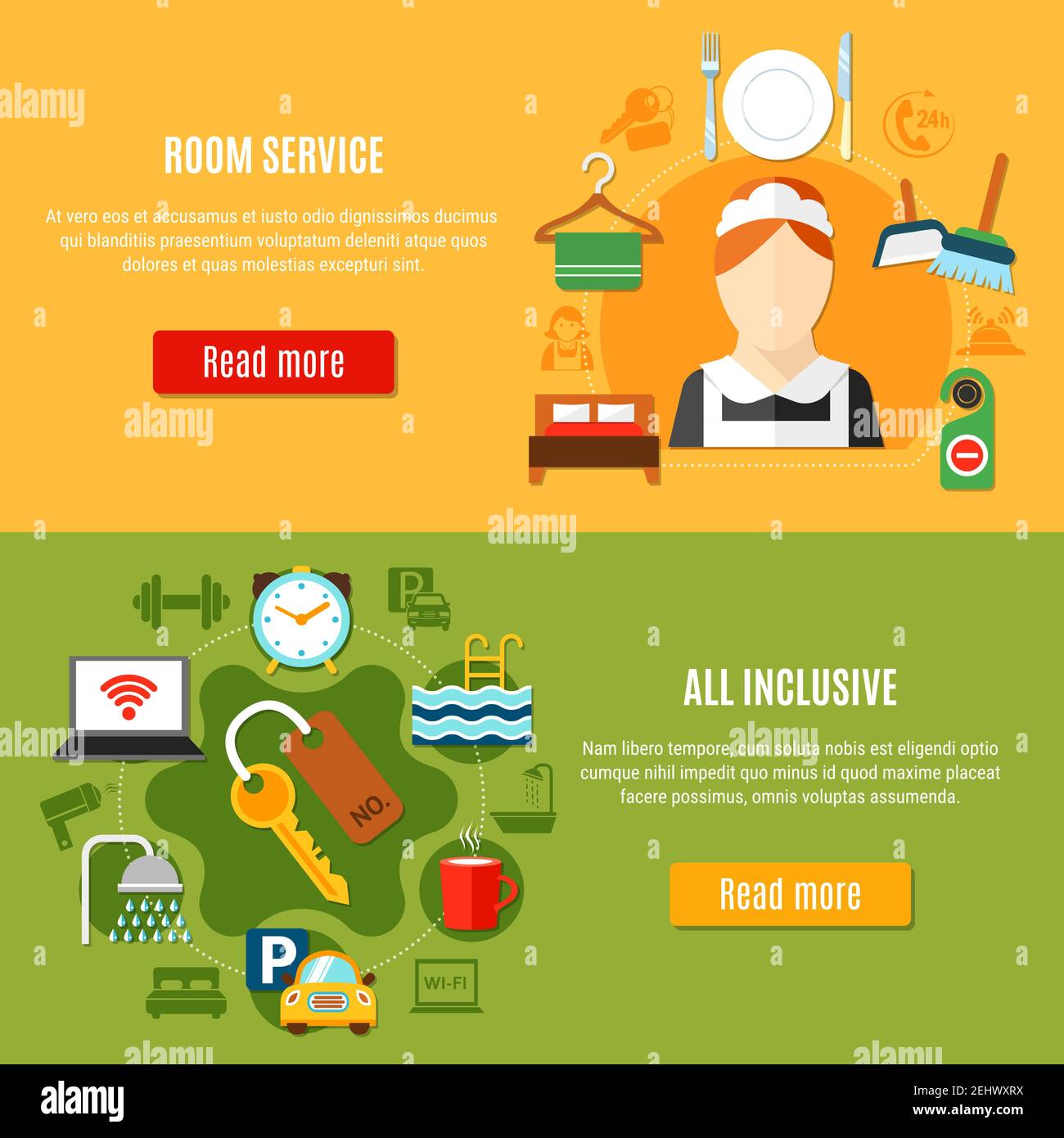 Two banners on hotel theme with room service and all inclusive design ...