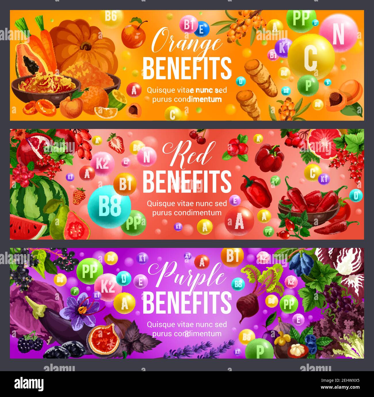 Color diet benefits of vitamin food and healthy nutrition. Orange, red ...