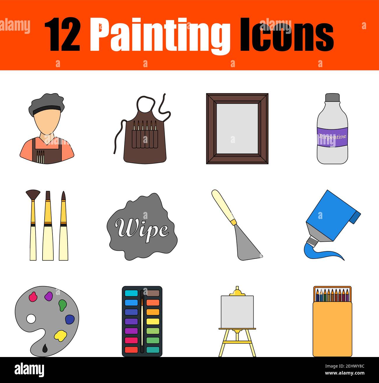 Painting Icon Set. Flat Color Outline Design With Editable Stroke ...