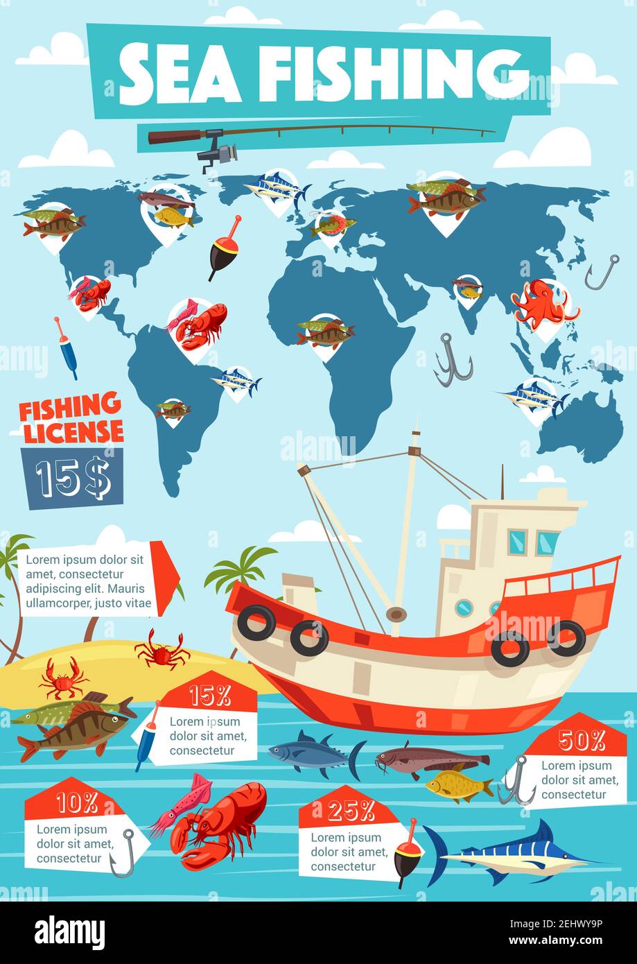 Sea fishing sport tours and fishery infographic. Vector marlin and ...