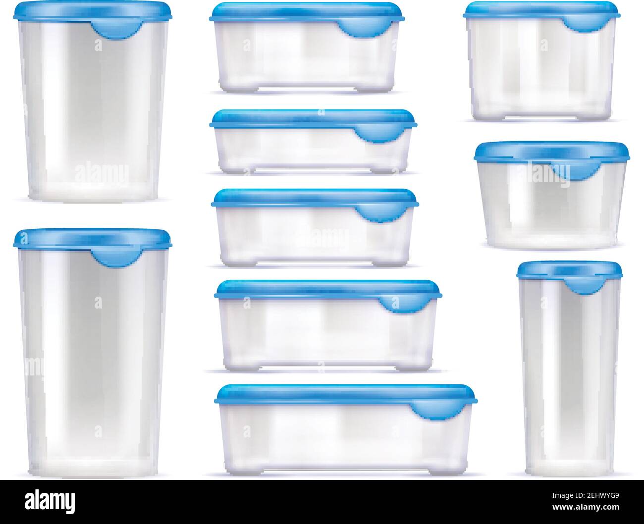 Colored plastic food containers realistic transparent with blue cap on ...