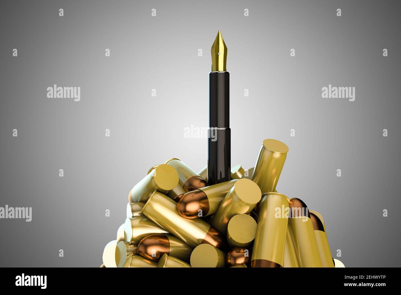 Diplomatic pen on pile of gun bullets demonstrating Diplomacy and war ...