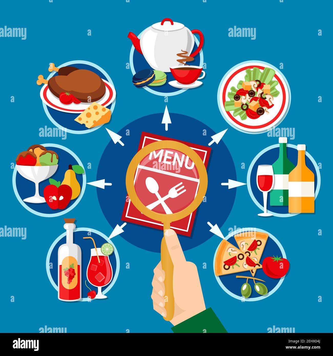 Restaurant menu concept with various dishes and beverages on blue ...