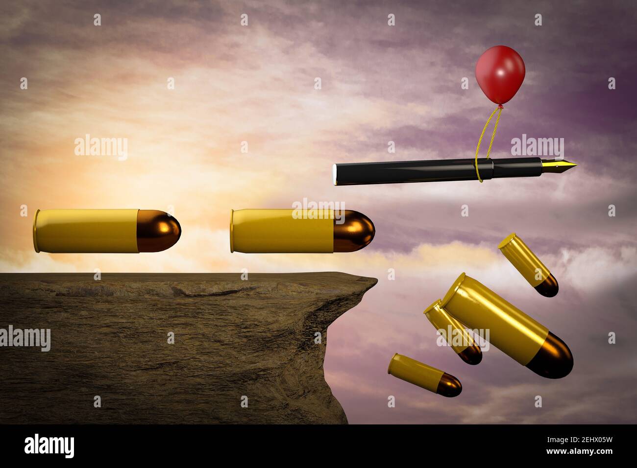 Bullets fall off the cliff with a diplomatic pen flying with a balloon ...