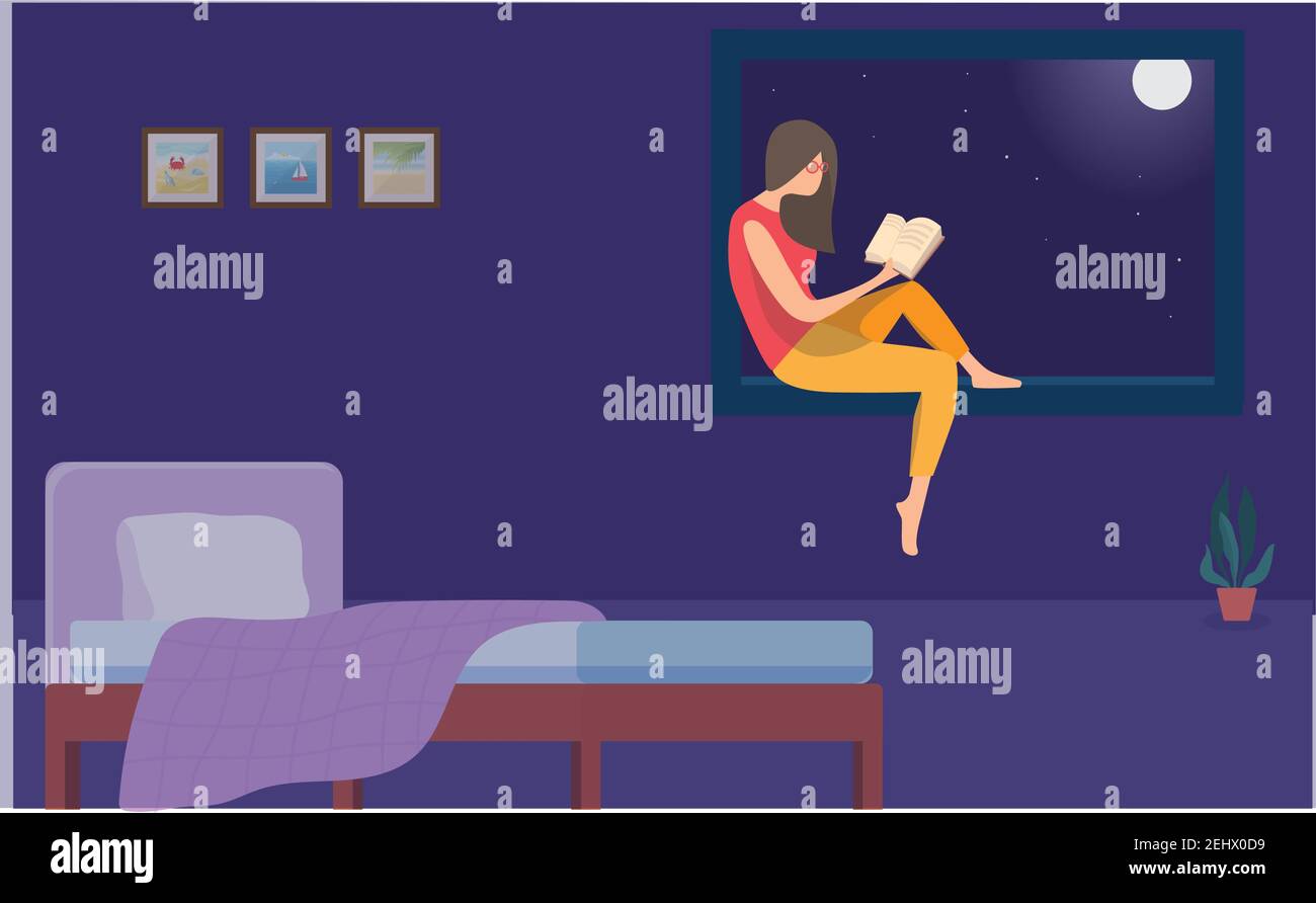 A girl is reading book late in the night over the window Stock Vector ...