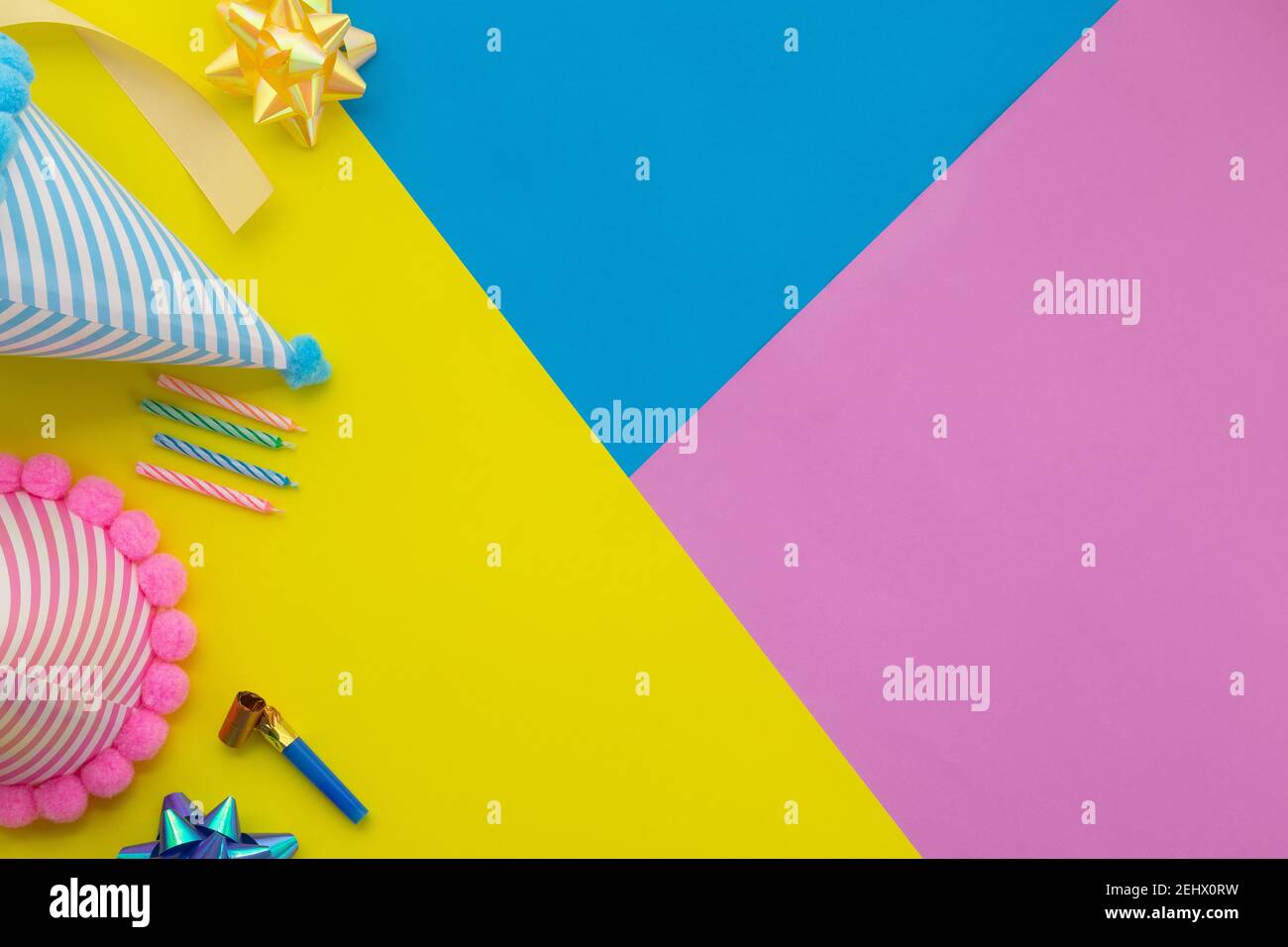 Happy birthday background, Flat lay colorful party decoration on pastel ...