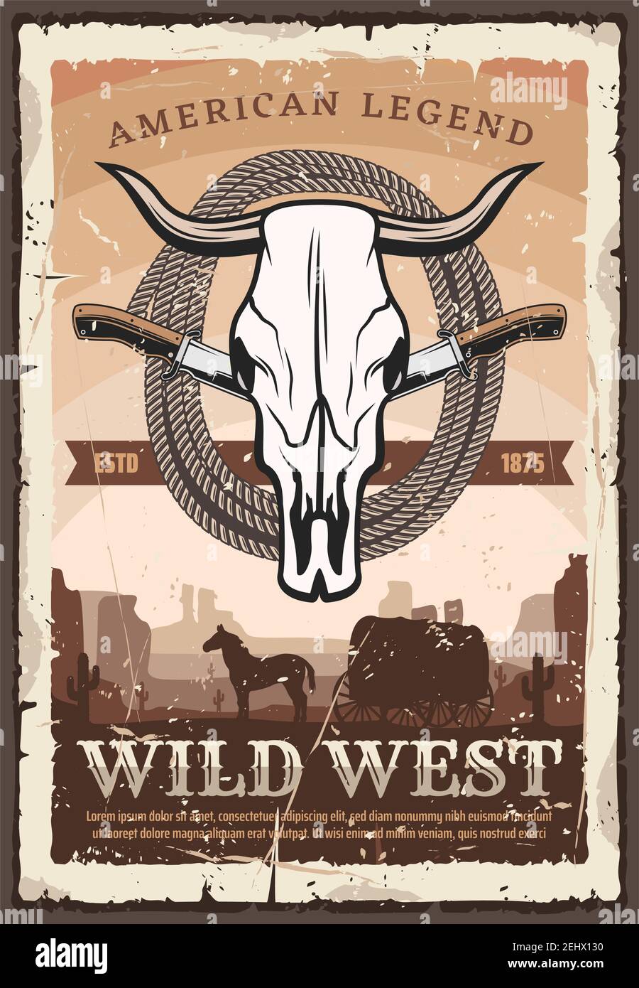 American wild west retro poster with bull skull, knives and lasso rope ...