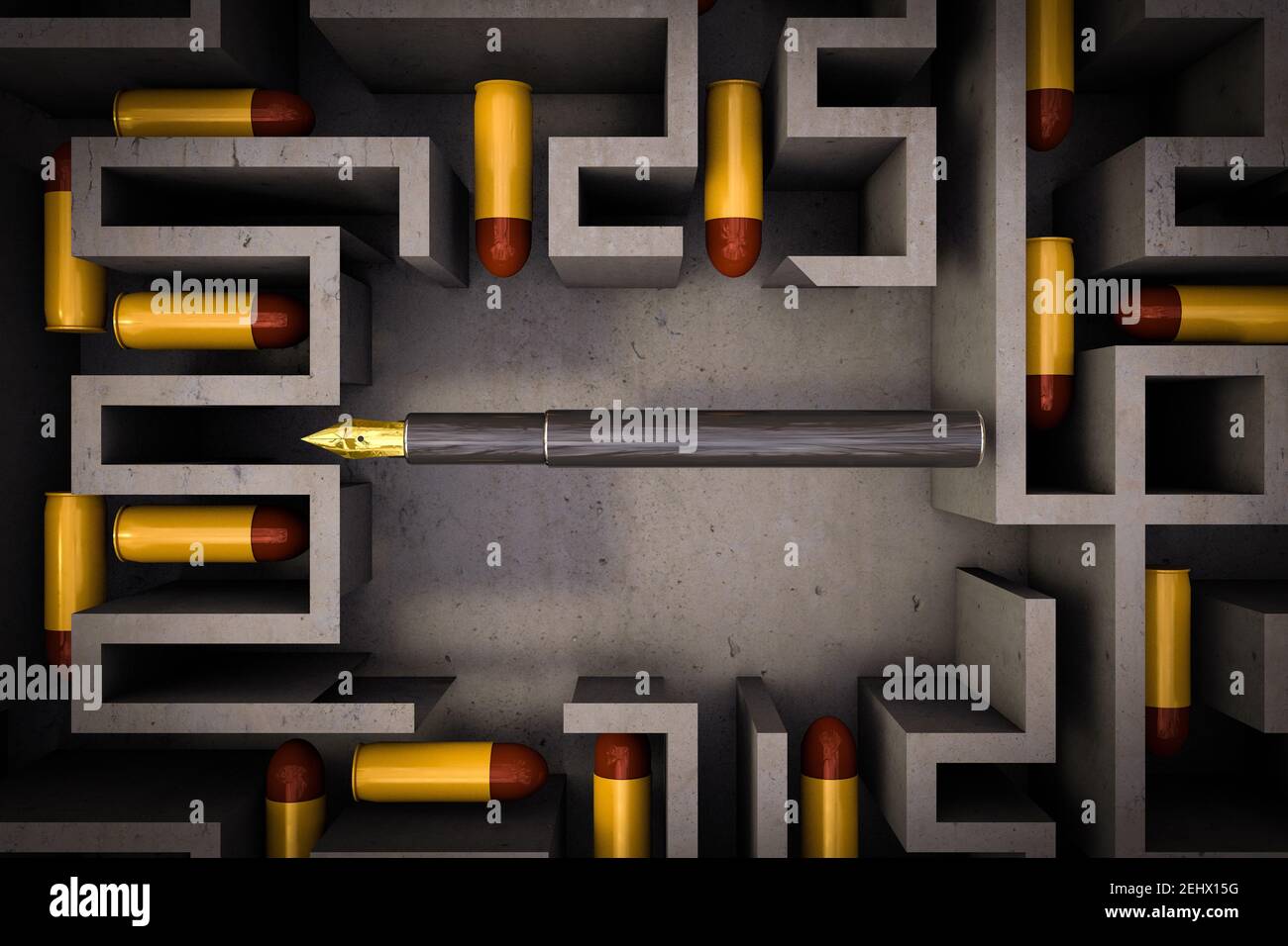 Diplomatic pen inside a maze surrounding by bullets demonstrating ...
