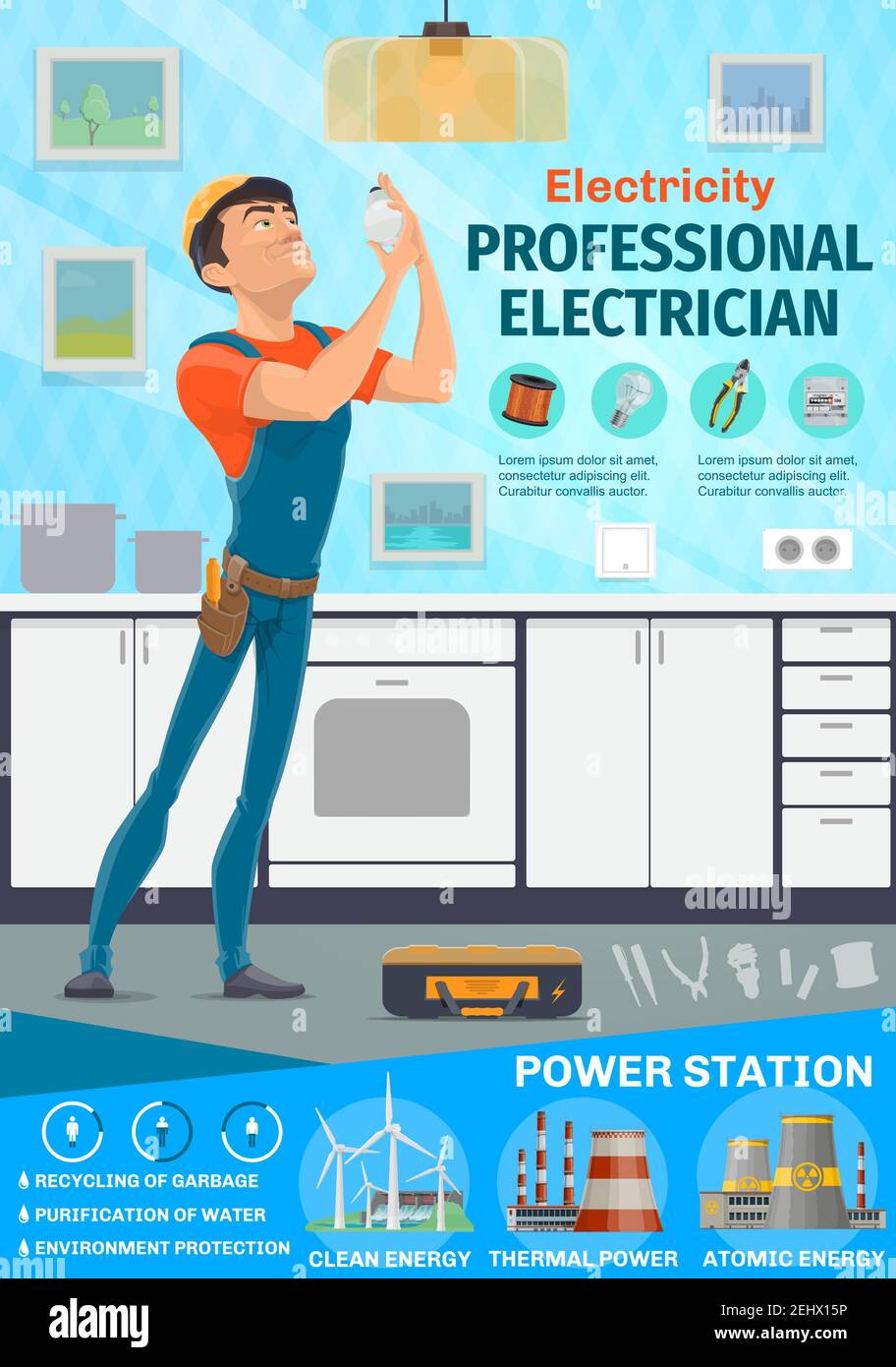 Electrician service, electrical repair works. Vector man in uniform ...
