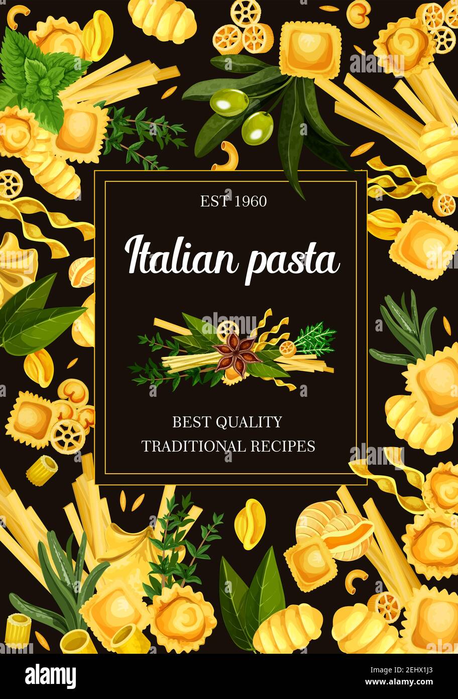 Italian pasta menu, seasonings and spice. Vector ravioli and gnocchi ...