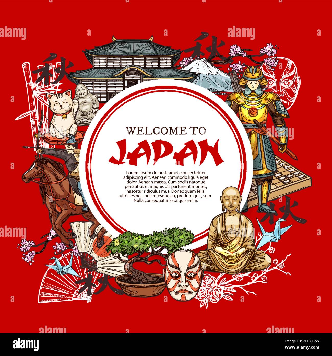 Japan sketch poster of Japanese traditional symbols and famous culture ...