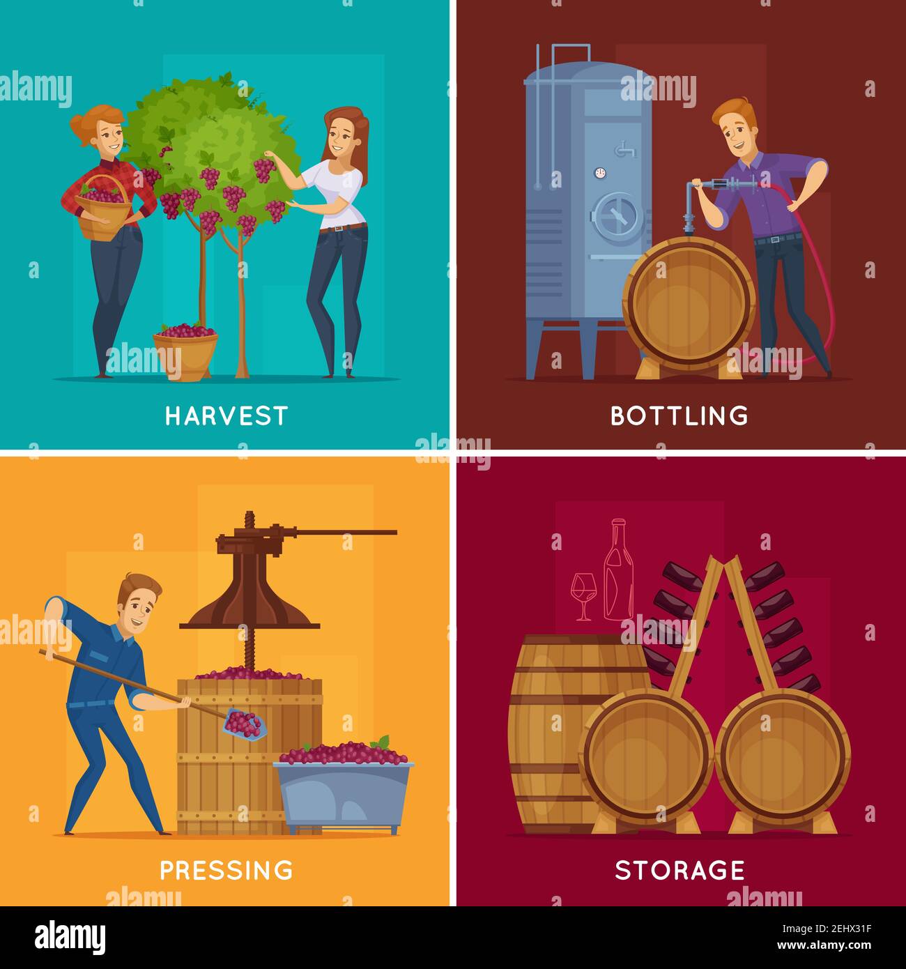 Winery production concept 4 cartoon concept square with grape ...