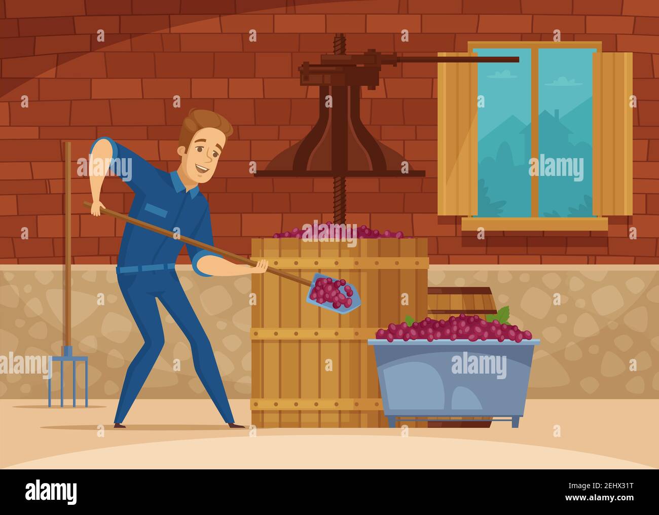 Winery red wine production process with winemaker pressing grapes for ...