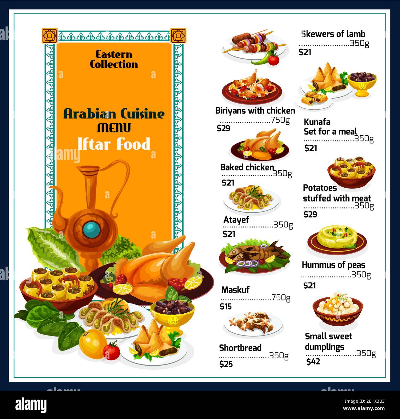 Arabian cuisine traditional food menu. Vector Eastern dishes of lamb ...