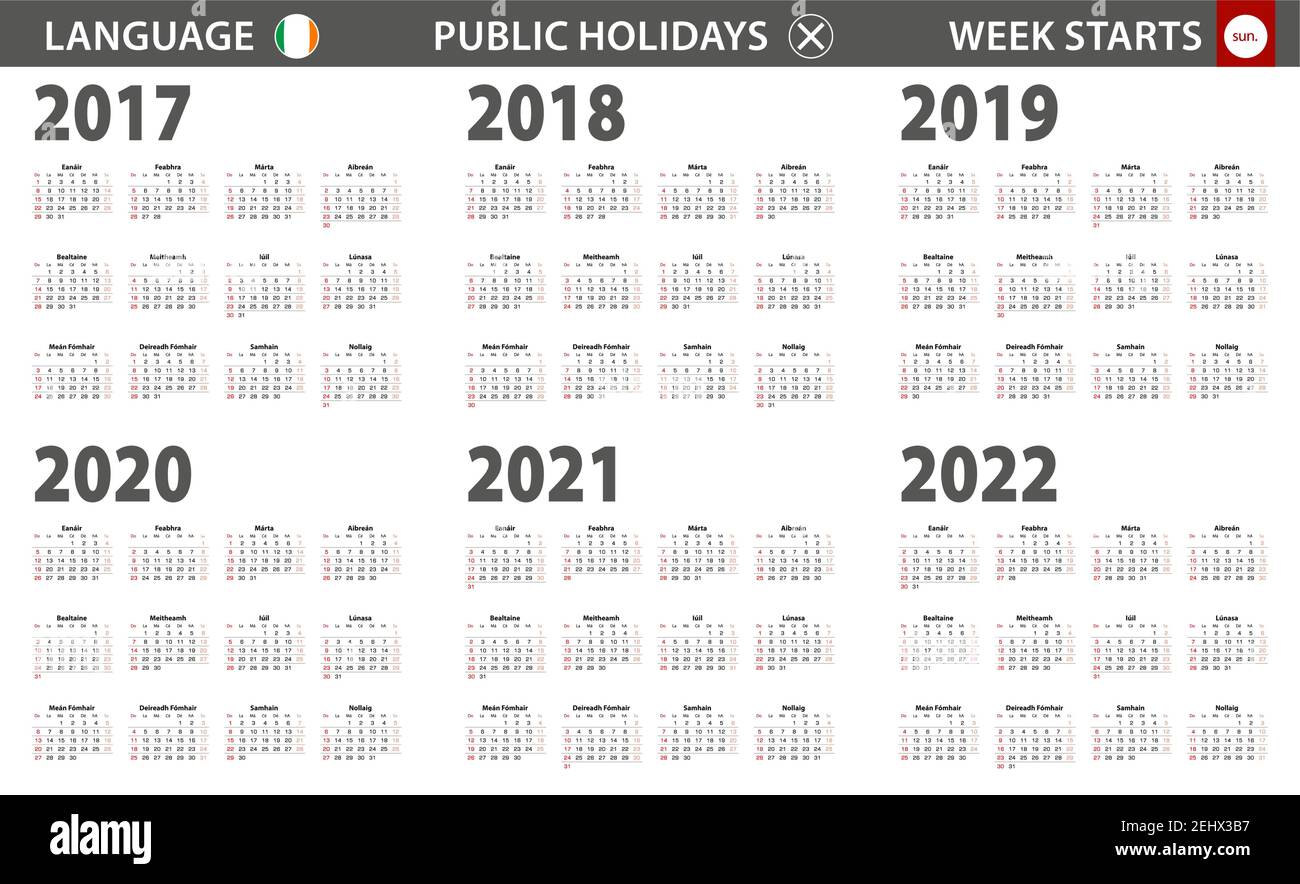 2017-2022 year calendar in Irish language, week starts from Sunday ...