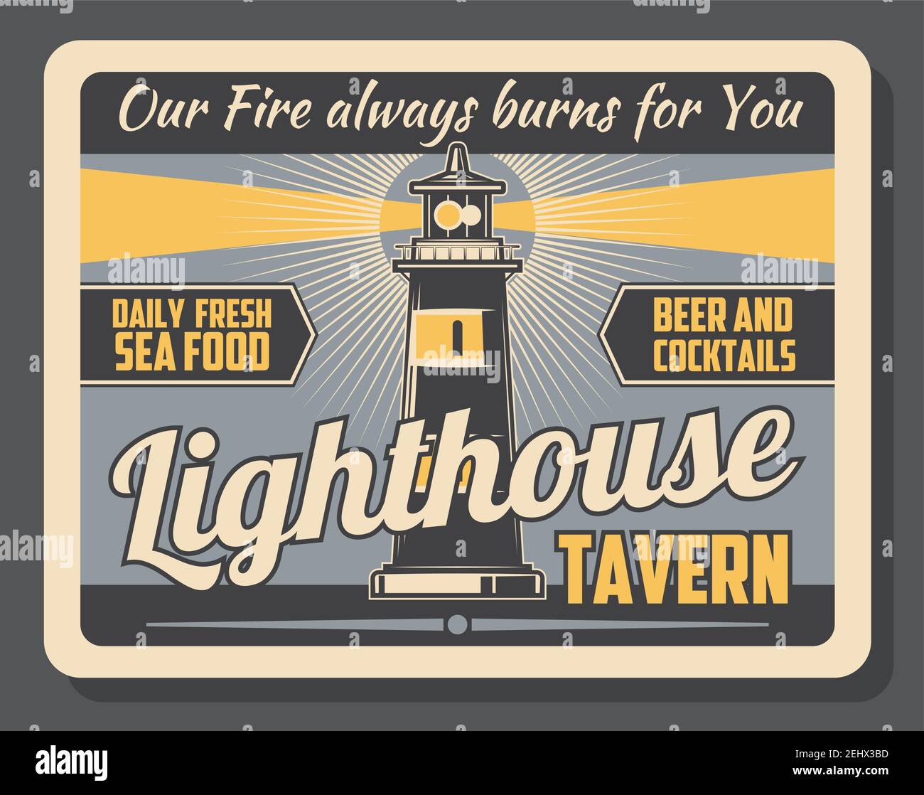 Lighthouse tavern advertisement retro poster for seaside pub or food ...