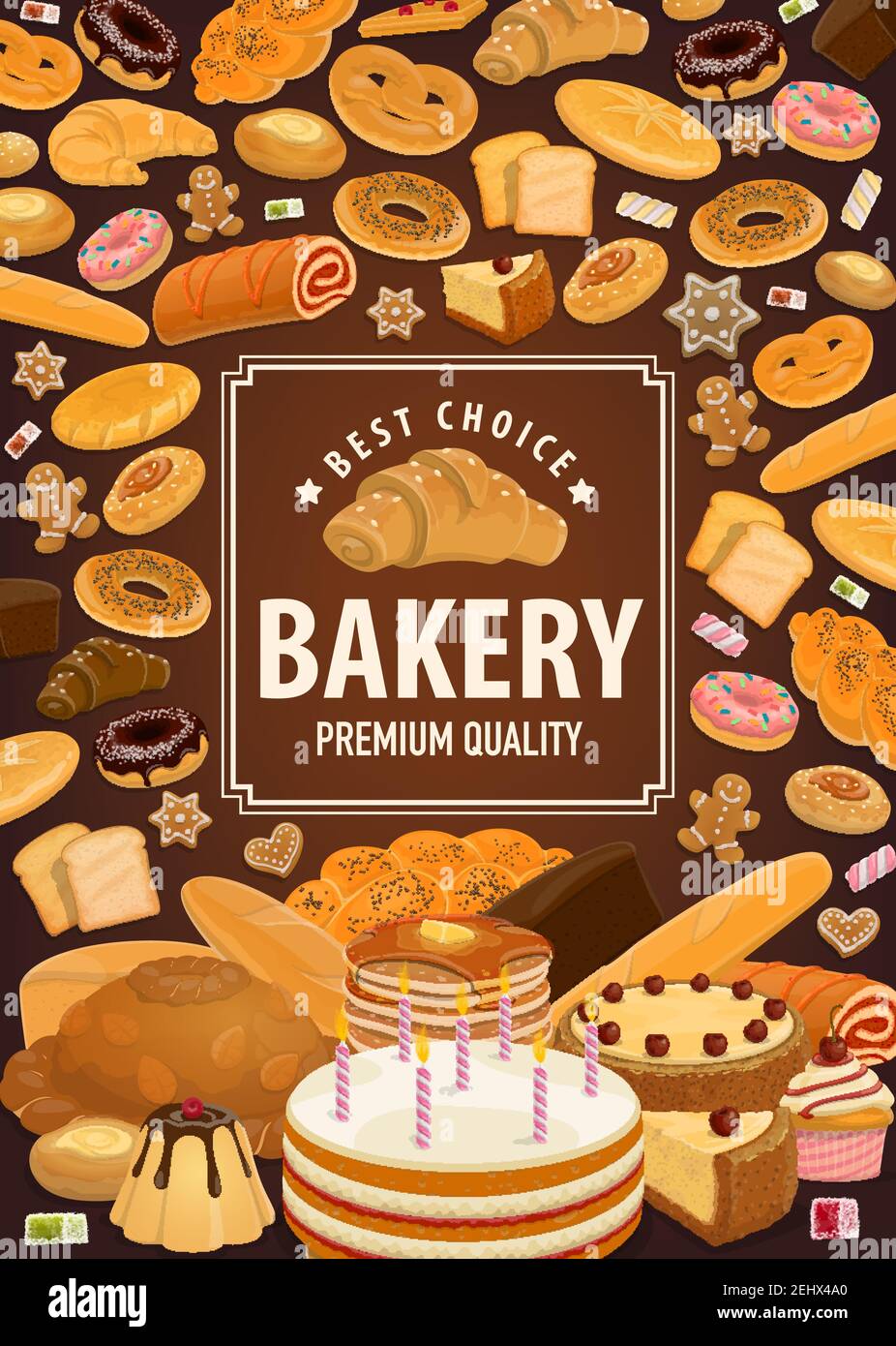 Bakery shop poster, bread or patisserie. Vector wheat bagel and cake ...