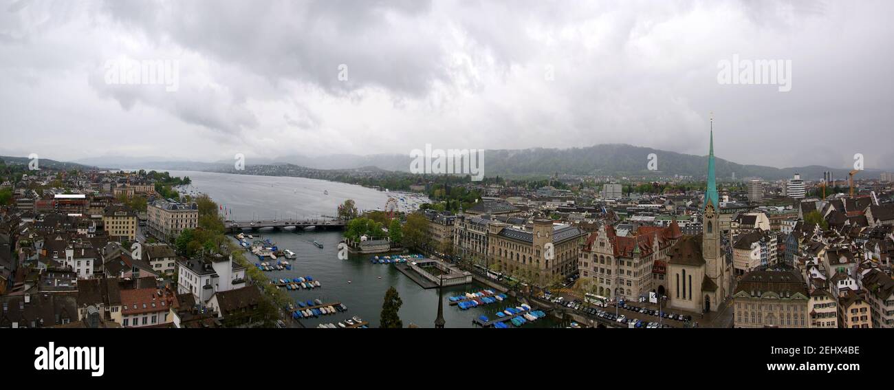 Switzerland, Zurich, panoramic view of the city on a foggy spring ...